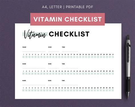 Vitamin Checklist Printable Monthly Vitamin Tracker Etsy