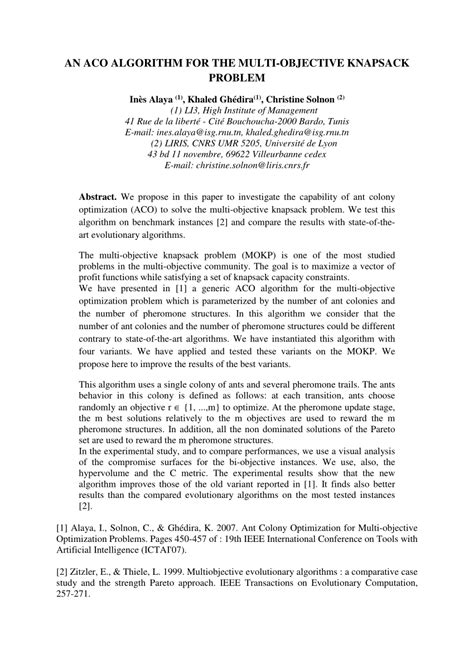 Pdf An Aco Algorithm For The Multi Objective Knapsack Problem