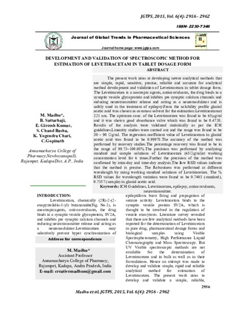 Pdf Development And Validation Of Spectroscopic Method For Estimation Of Levetiracetam In