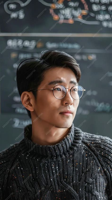 A Man In Glasses Standing In Front Of A Blackboard Premium Ai