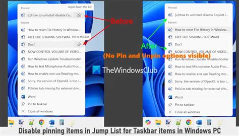 disable pinning items in jump list for taskbar items in windows 11