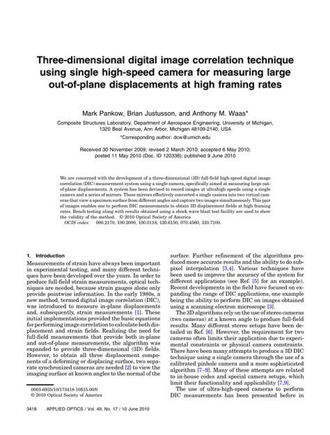 PDF Three Dimensional Digital Image Correlation Technique Using Single High Speed Camera For