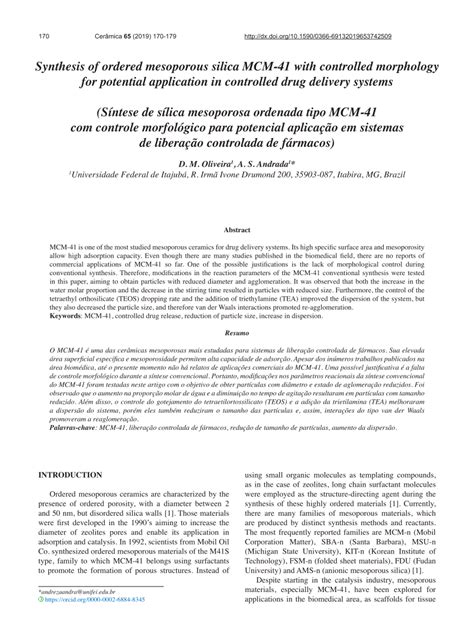 Pdf Synthesis Of Ordered Mesoporous Silica Mcm 41 With Controlled Morphology For Potential