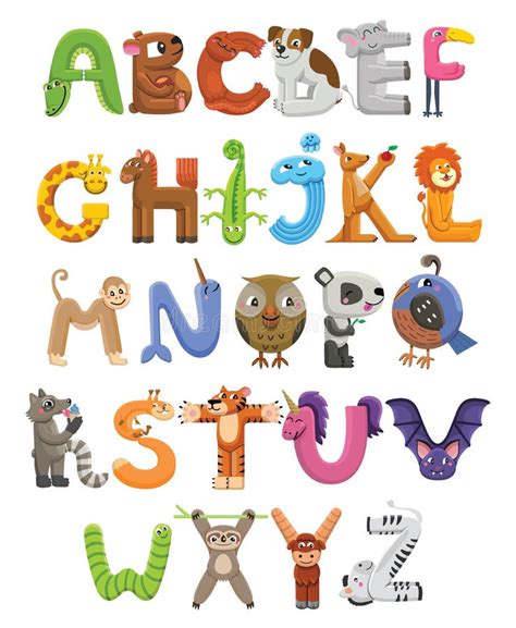 Os Animais Dos Desenhos Animados Do Alfabeto Com Letras Para O Vetor Do