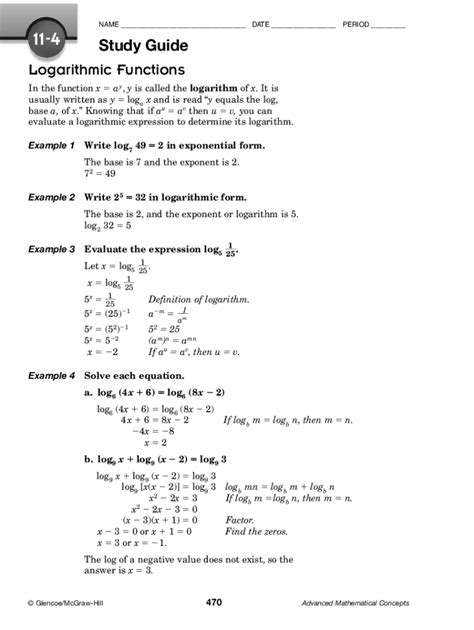 Fillable Online Logarithmic Functions Math 114 College Algebra Name