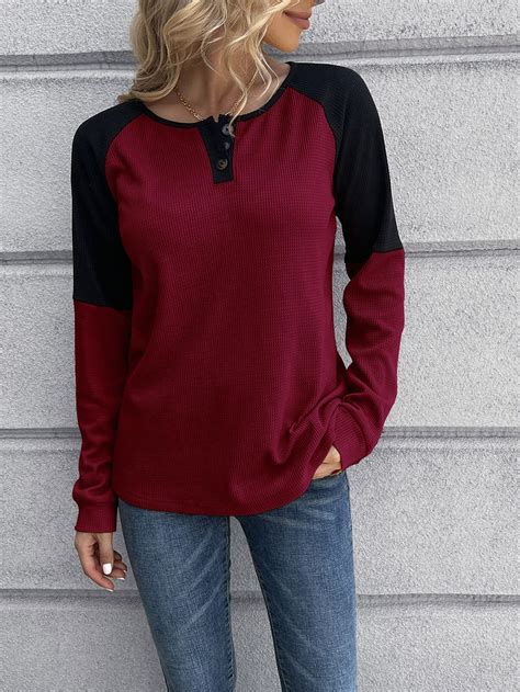 Contrast Buttoned Round Neck Raglan Sleeve Top In 2024 Raglan Sleeve