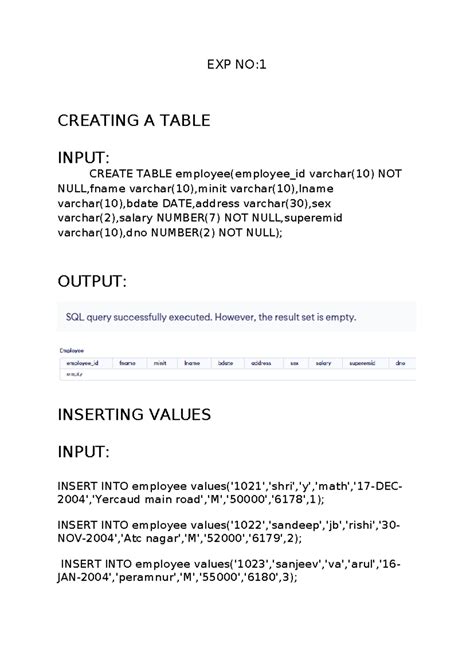 Exp No 1 Exp No Creating A Table Input Create Table Employee