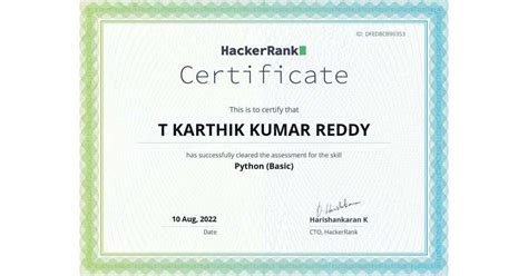 t karthik reddy on linkedin hackerrank skill certificate