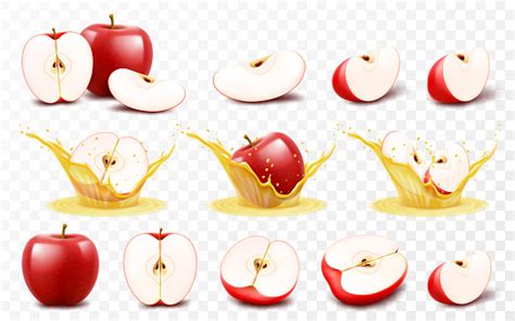 투명한 배경에 고립 된 빨간 사과 세트입니다 빨간 사과의 전체 절반 및 조각 방울과 함께 주스가 튀는 사과 여름 수확 천연 제품 현실적인 3d 벡터 일러스트 레이 션 3차원
