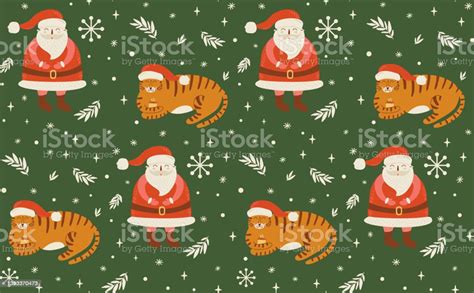 크리스마스 호랑이 원활한 패턴 귀여운 유치한 산타 클로스 캐릭터 호랑이 Cnowflakes 녹색 배경에 가지 새해 2022 메리 크리스마스 벡터 일러스트 손으로 그린 직물