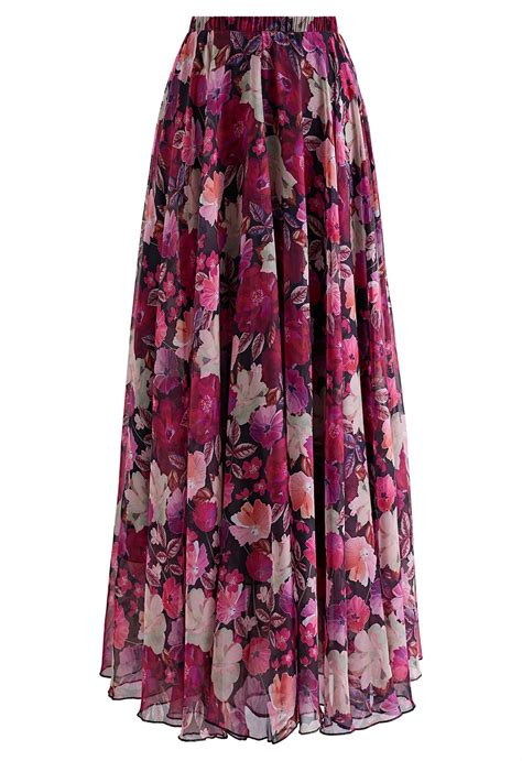 Vibrant Pink Floral Chiffon Maxi Skirt Retro Indie And Unique Fashion