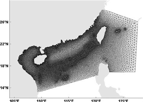 the model domain and horizontal unstructured grid used in the numerical