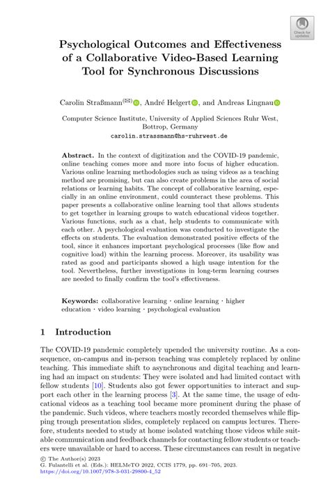 Pdf Psychological Outcomes And Effectiveness Of A Collaborative Video Based Learning Tool For