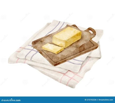 Watercolor Butter Illustration Hand Drawn Sliced Stick Of Butter On Wood Cutting Board And