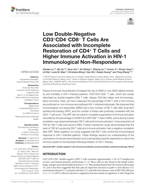 Pdf Low Double Negative Cd3cd4−cd8− T Cells Are Associated With
