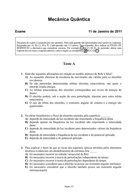Prova 2011 questões e respostas Mecânica Quântica Exame 11 de