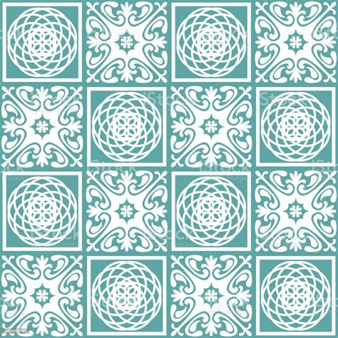 세라믹 타일 및 벽 디자인을위한 파스텔 민트 Azulejo 디자인 전통적인 스페인 배경 화이트 블루 0명에 대한 스톡 벡터 아트