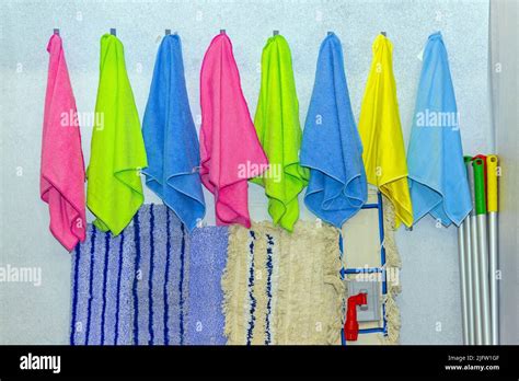 Colour Coded Microfiber Cloths And Floor Cleaning Mop Pads Stock Photo Alamy