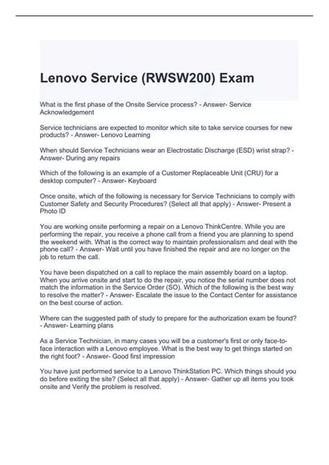 Lenovo Service RWSW Exam Questions And Answers Lenovo Warranty Service Authorization
