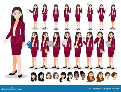 Businesswoman Cartoon Character Set Of Three Poses Beautiful Business