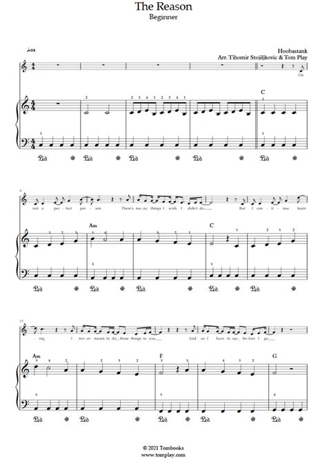 The Reason Beginner Level Solo Piano Hoobastank Spartito Per