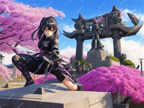 Premium Ai Image Anime Girl Young Ninja Girl On Japan Monument Background
