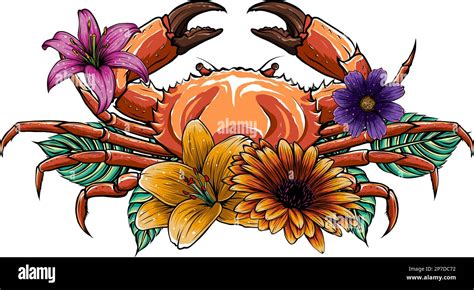 Composition Crab And Flowers Vector Illustration Stock Vector Image
