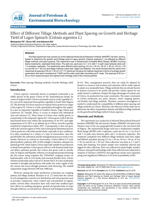 Pdf Effect Of Different Tillage Methods And Plant Spacing On Growth And Herbage Yield Of Lagos