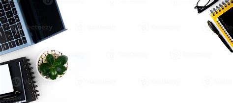 Top View Of Modern White Office Desk With Computer Keyboard Blank Notebook Page And Other
