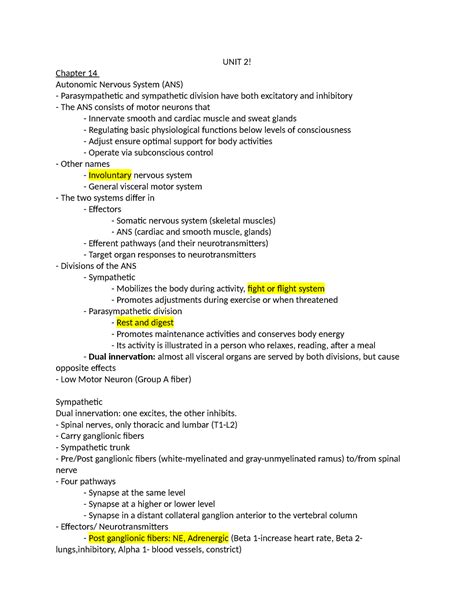 UNIT 2 Notes Unit 2 UNIT 2 Chapter 14 Autonomic Nervous System