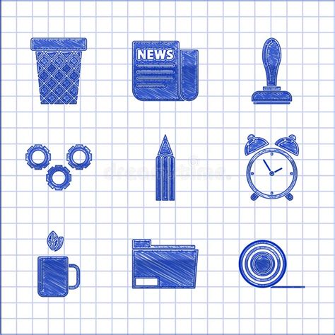 Set Pencil Document Folder Scotch Alarm Clock Cup Of Tea And Leaf
