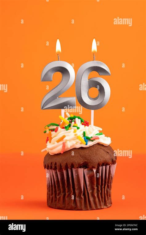 Birthday Cake With Candle Number 26 Orange Foamy Background Stock