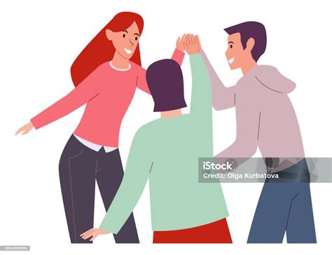 하이 파이브 행복한 사람들 비공식적 인 인사 행복한 친구는 손 성공 제스처 남성과 여성 우정 단결 및 지원 공생 만화 평면 고립
