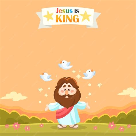 만화 예수와 비둘기 해가 지는 일러스트레이션 기독교와 가톨릭 프리미엄 벡터