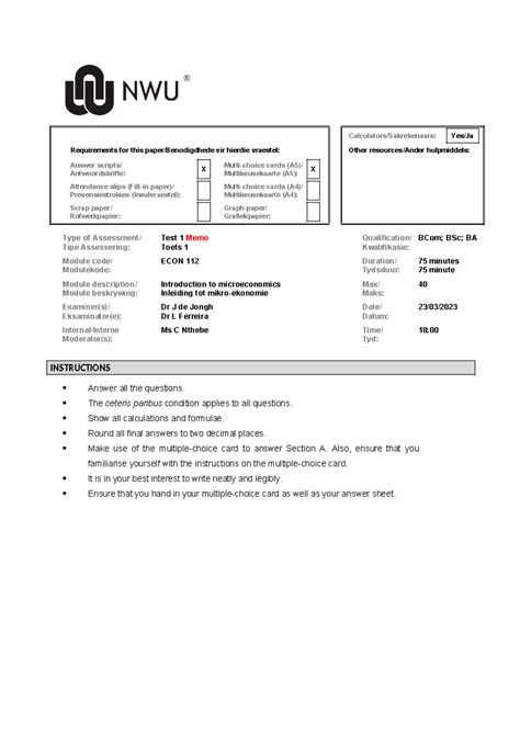 ECON 112 Test 1 2023 PCVC Final Memo Calculators Sakrekenaars Yes Ja