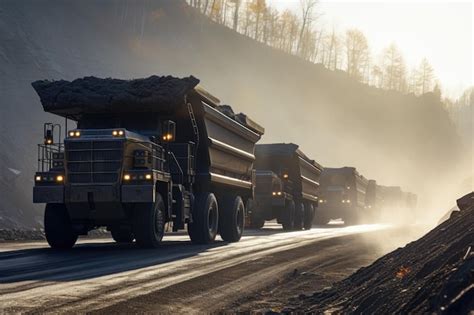 Premium Photo Large Trucks Loaded With Coal Pass Through The Mining Area Under The Light Of