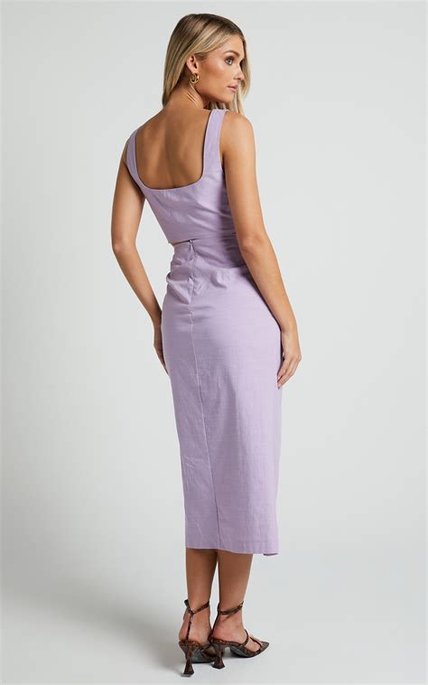 Gibson Two Piece Set Crop Top And Knot Front Midi Skirt Set In Lilac