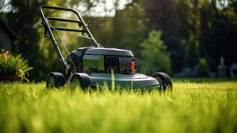 A Lawn Mover On Green Grass In Modern Garden Machine For Cutting Lawns