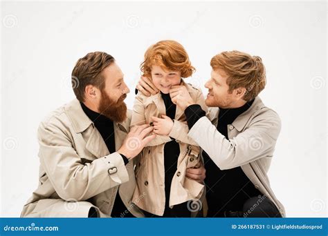 Happy Bearded Men In Trench Coats Stock Image Image Of Casual Joyful