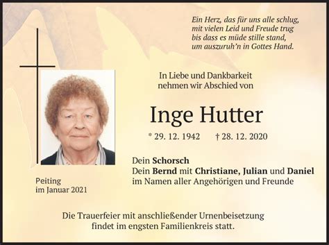 Traueranzeigen Von Inge Hutter Trauer Merkur De