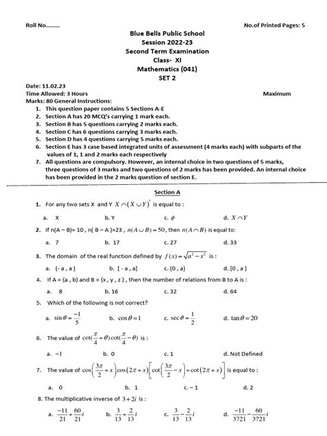 Class Xi Bbps Annual Maths Set 2 Pdf Standard Deviation
