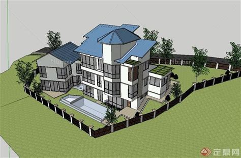 某美式风格独栋别墅楼建筑设计su模型 原创 SketchUp模型库 毕马汇 Nbimer