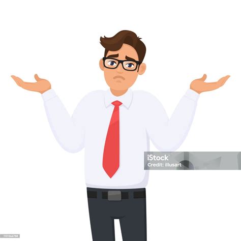 哎呀對不起我不知道迷茫的年輕商人的肖像聳聳肩 表現出無奈的問題姿態 攤開雙手 他不知道該怎麼辦 概念插圖在卡通向量圖形及更多聳肩圖片 Istock