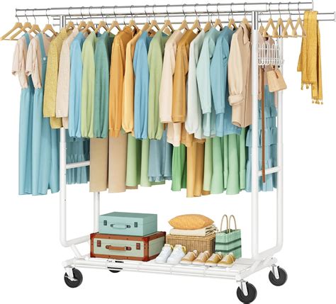 Hoctieon 2 Minute Assembly Double Rod Clothes Rack Heavy Duty Rolling
