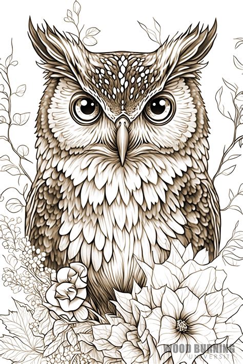 Owl And Flowers Wood Burning Pattern Detailed Pyrography Design