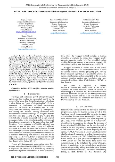 pdf binary grey wolf optimizer with k nearest neighbor classifier for feature selection