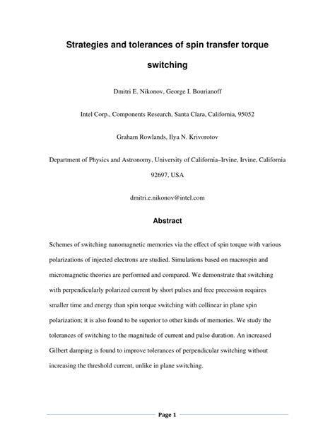 Pdf Strategies And Tolerances Of Spin Transfer Torque Switching