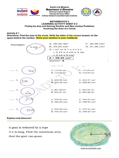Las 2 Math Q4 W1 Area Of A Circle Solving Routine And Non Routine Pdf