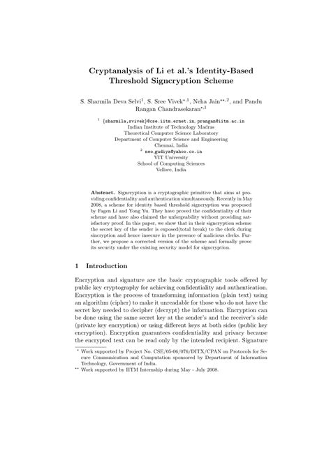 Pdf Cryptanalysis Of Li Et Als Identity Based Threshold Signcryption Scheme