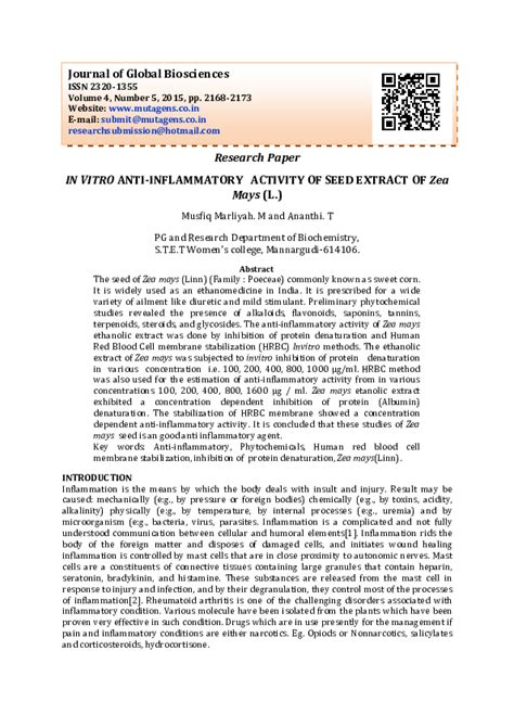 Pdf In Vitro Anti Inflammatory Activity Of Seed Extract Of Zea Mays L
